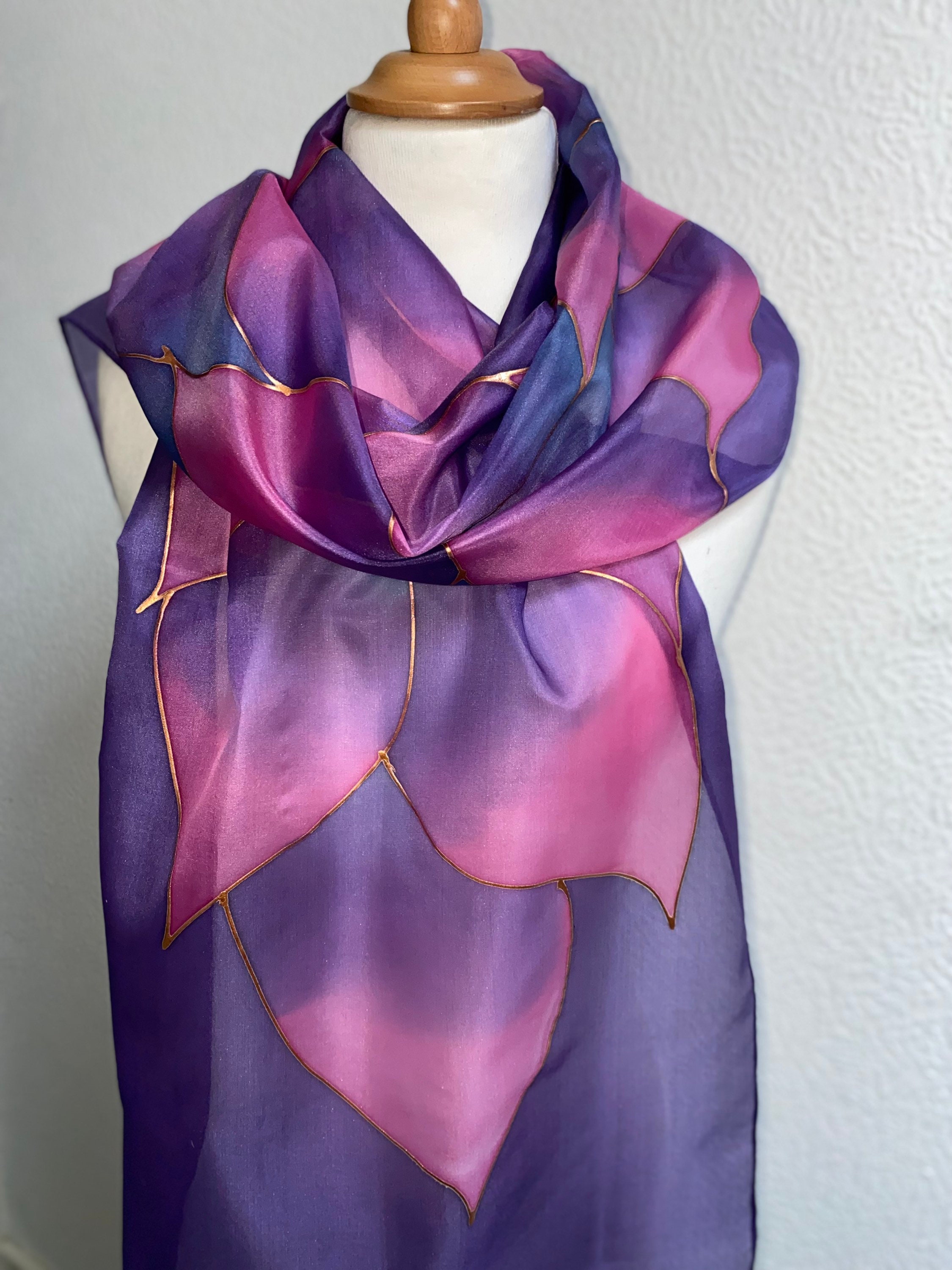 Flames Design X Long Silk Scarf in Purple and Pink Shades Hand Painted ...