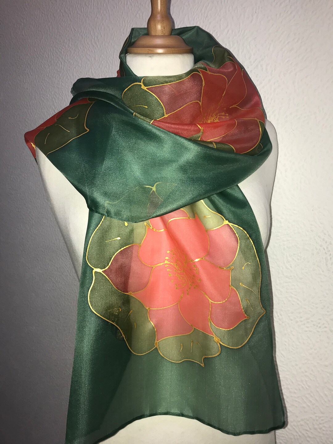 Poinsettia Long Scarf in Red & Green Hand Painted by Designer Silk - Etsy