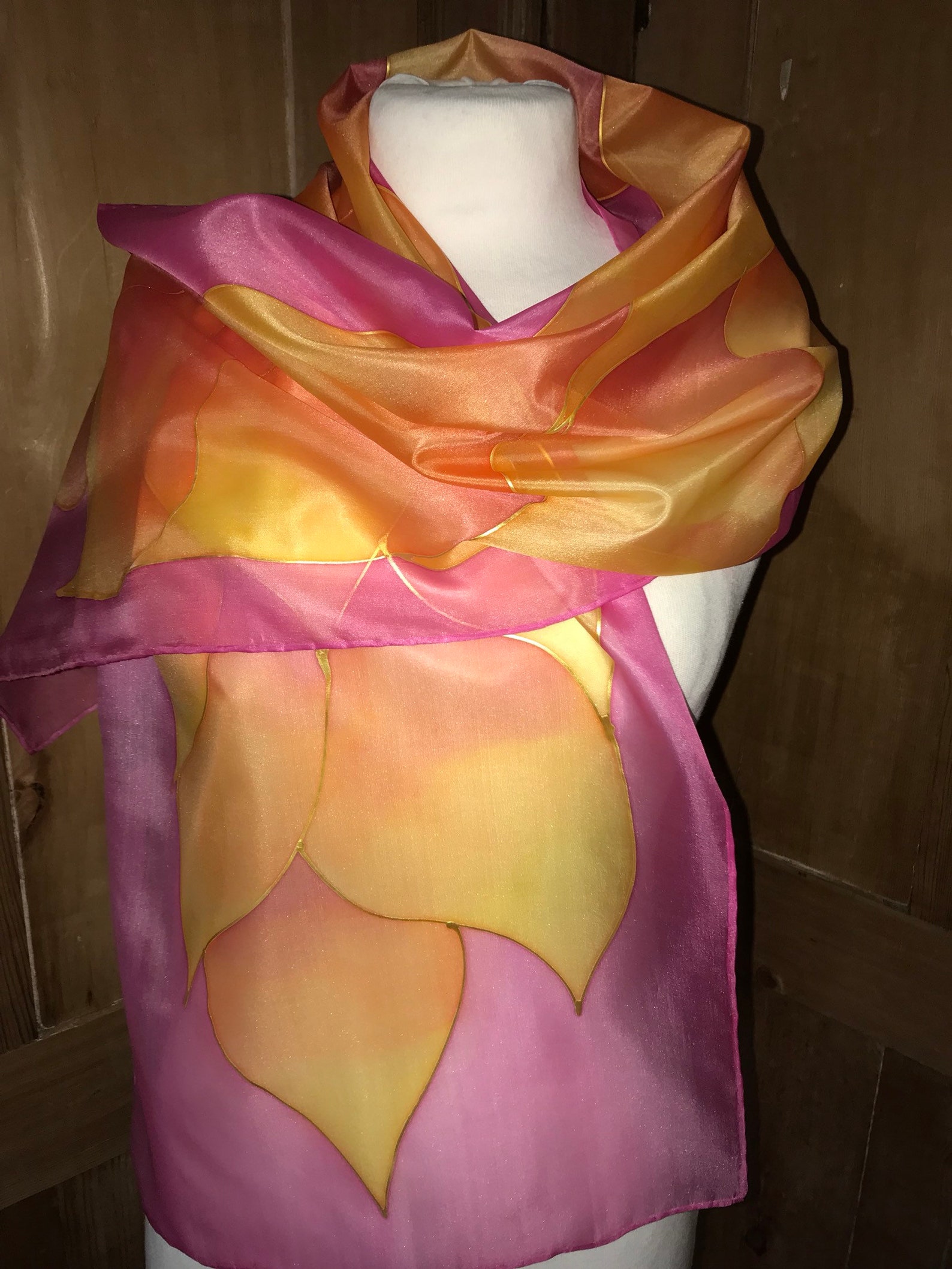 Flames Design X Long Silk Scarf in Pink Hand Painted Silk by - Etsy