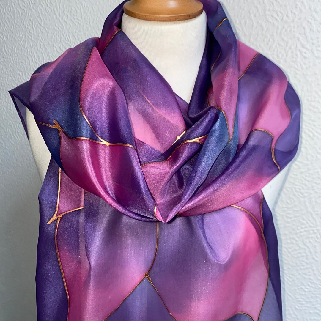 Flames Design X Long Silk Scarf in Purple and Pink Shades Hand Painted ...