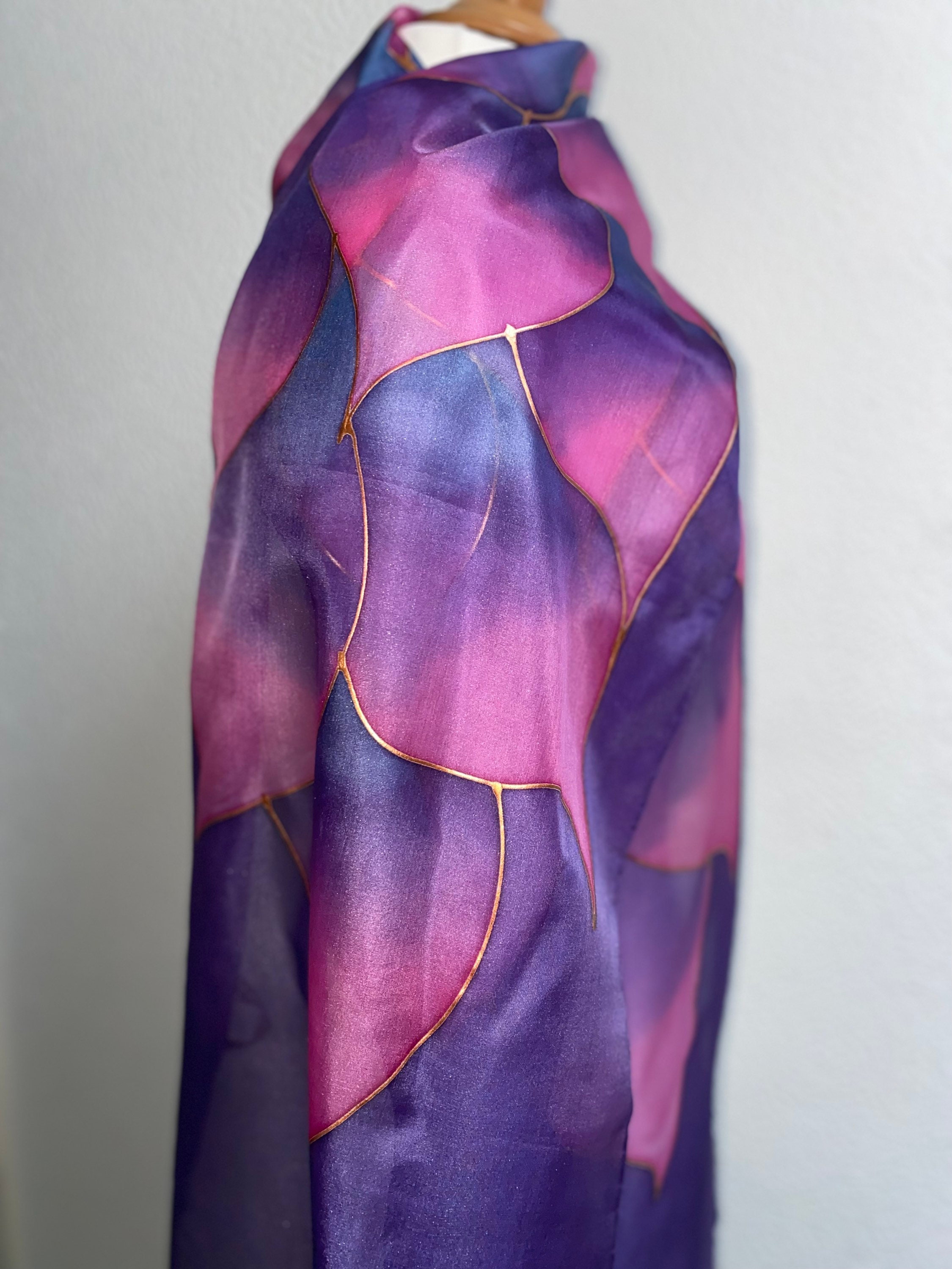 Flames Design X Long Silk Scarf in Purple and Pink Shades Hand Painted ...