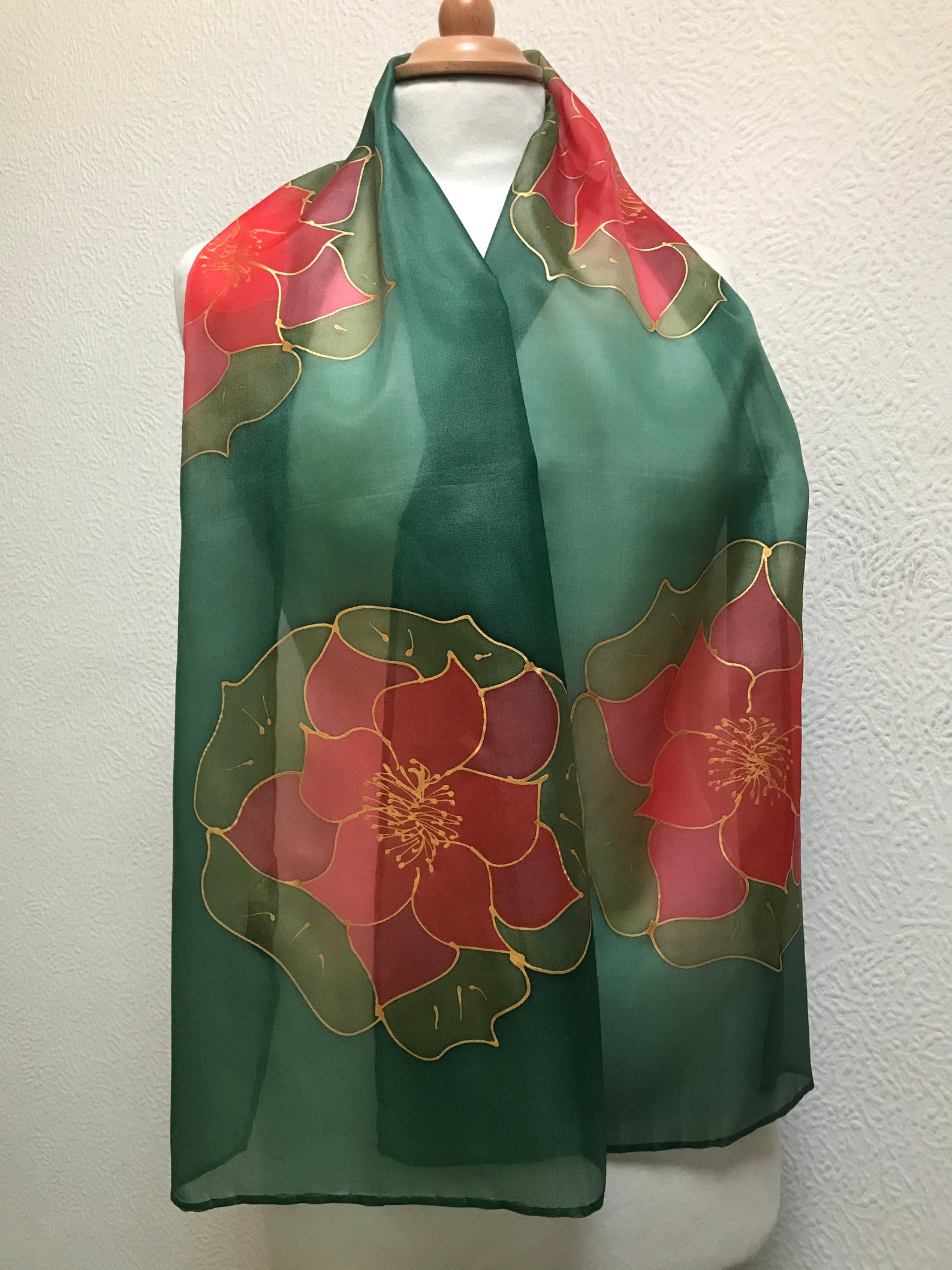 Poinsettia Long Scarf in Red & Green Hand Painted by Designer - Etsy