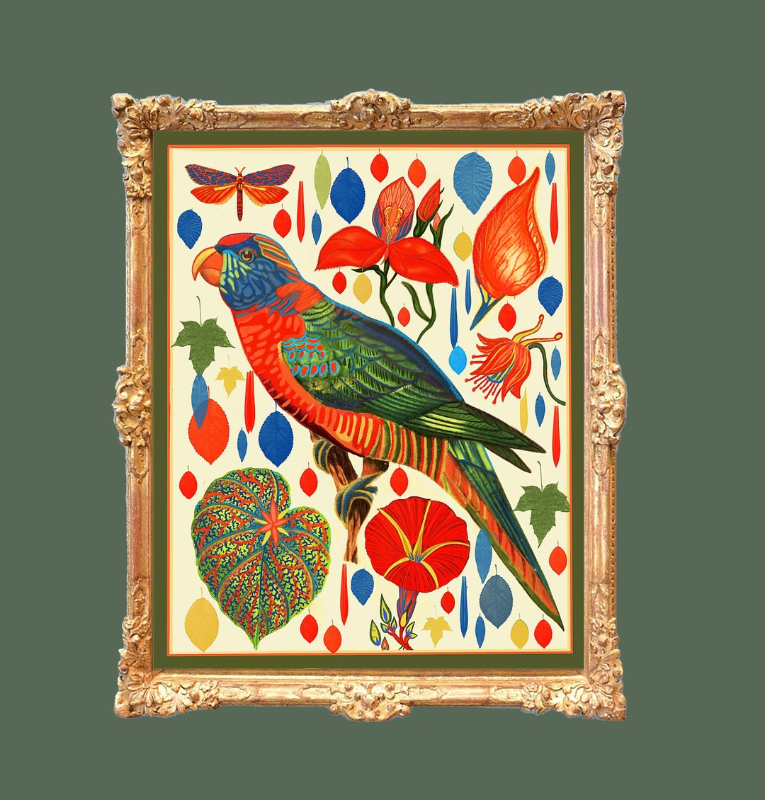 Parrot Art Print, Colourful Forest Painting, Bird Poster, Nature ...