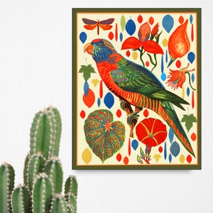 Parrot Art Print, Colourful Forest Painting, Bird Poster, Nature ...