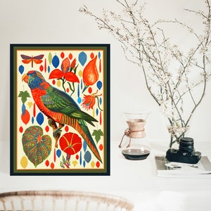 Parrot Art Print, Colourful Forest Painting, Bird Poster, Nature ...