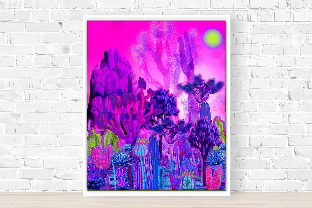 Hot Pink & Purple Desert Sky, Cactus Painting, Joshua Tree Wall Art ...