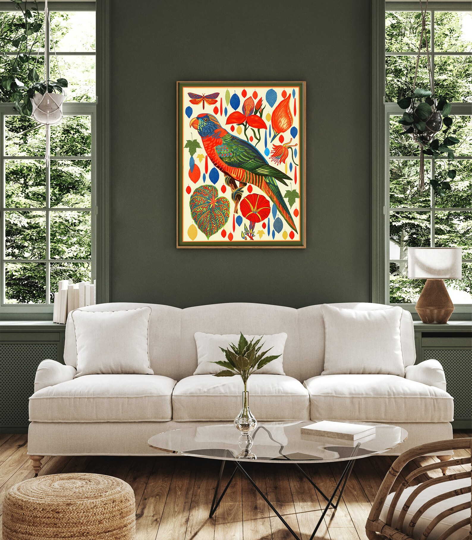 Parrot Art Print, Colourful Forest Painting, Bird Poster, Nature ...