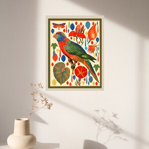 Parrot Art Print, Colourful Forest Painting, Bird Poster, Nature ...