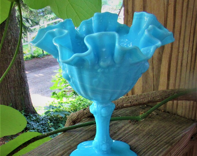 Fenton Roses Blue Slag Ruffled Compote - Etsy