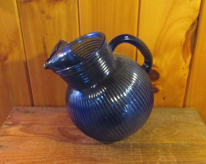 COBALT BLUE RIBBED Large Ribbed Pitcher. 7 Inches High, Round - Etsy