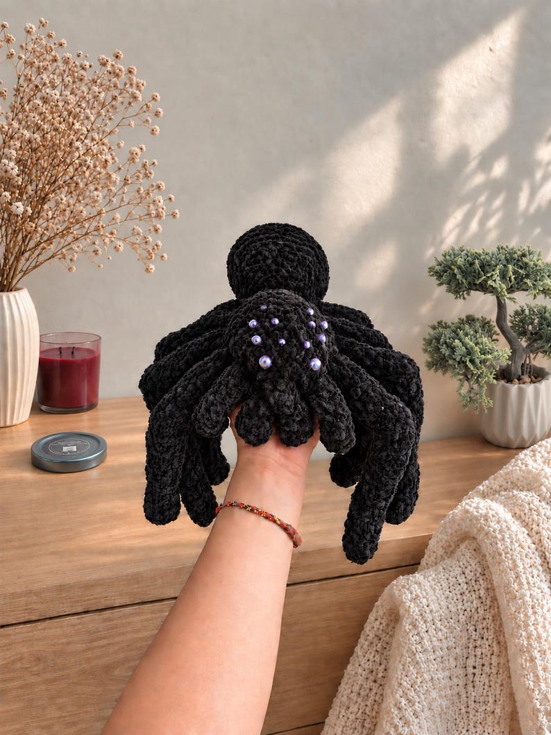 Handmade Black Spider Plush, Knitted Halloween Toy, Spooky Gothic Decor ...