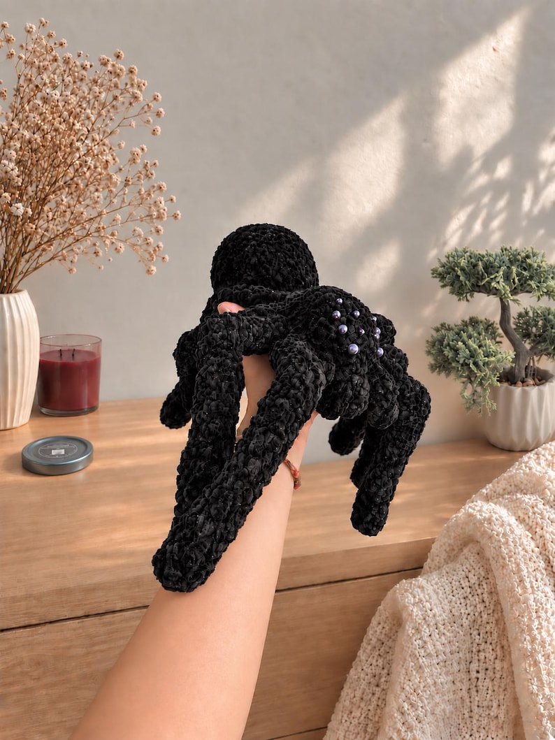 Handmade Black Spider Plush, Knitted Halloween Toy, Spooky Gothic Decor ...