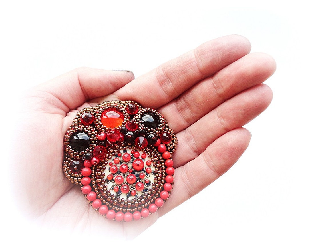 Bead Embroidered Red Brooch Embroidery Brooch Red Gold - Etsy