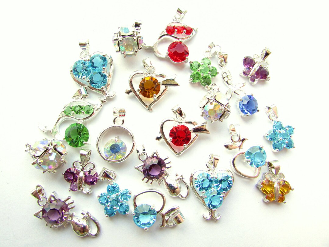 6pcs Glass Rhinestone Charms Assorted Glass Pendants Silver Plated ...