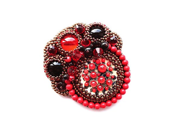 Bead Embroidered Red Brooch Embroidery Brooch Red Gold - Etsy
