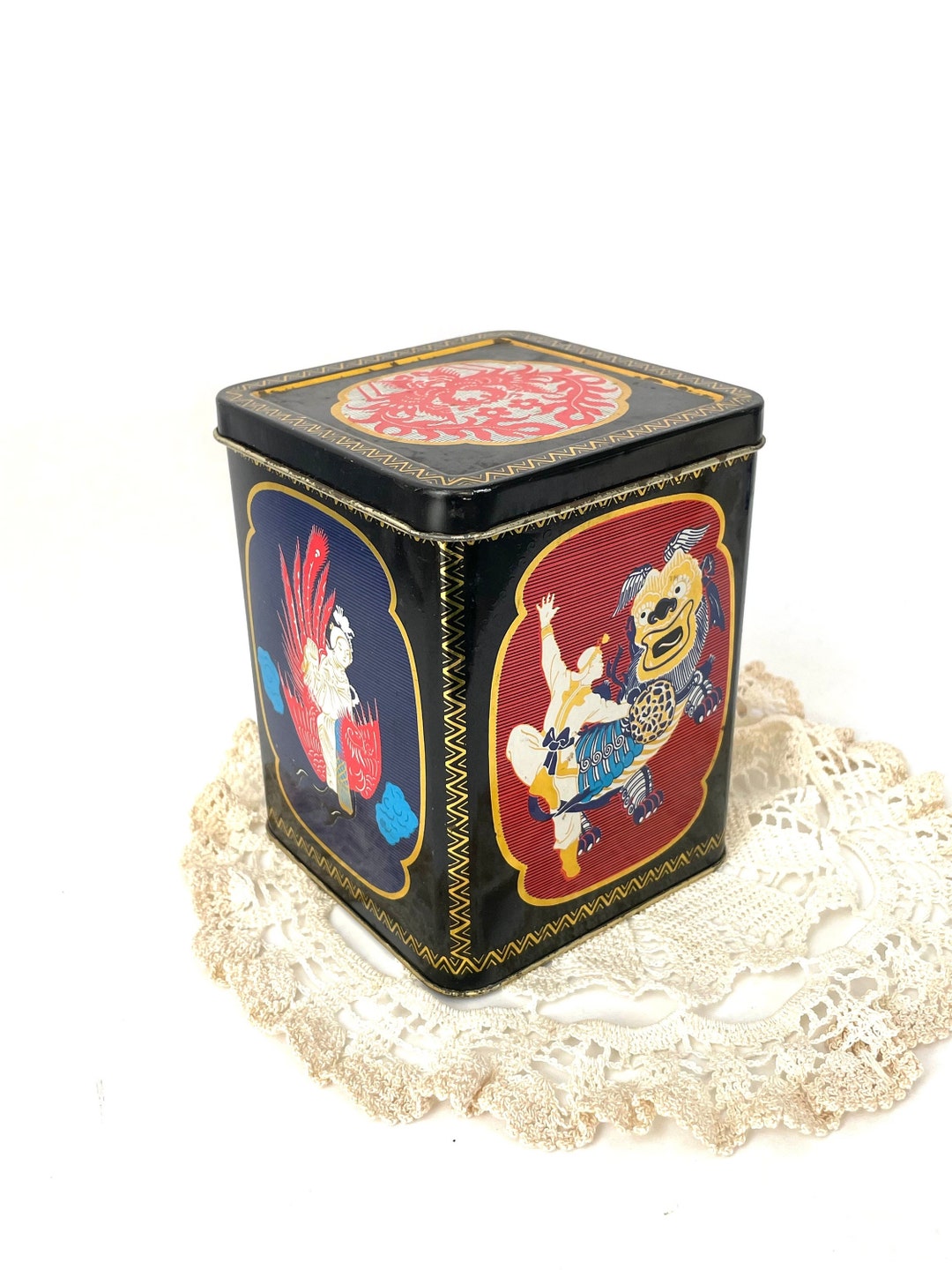 Asian Tin Large Black Red Gold Vintage MCM Storage Container Canister ...