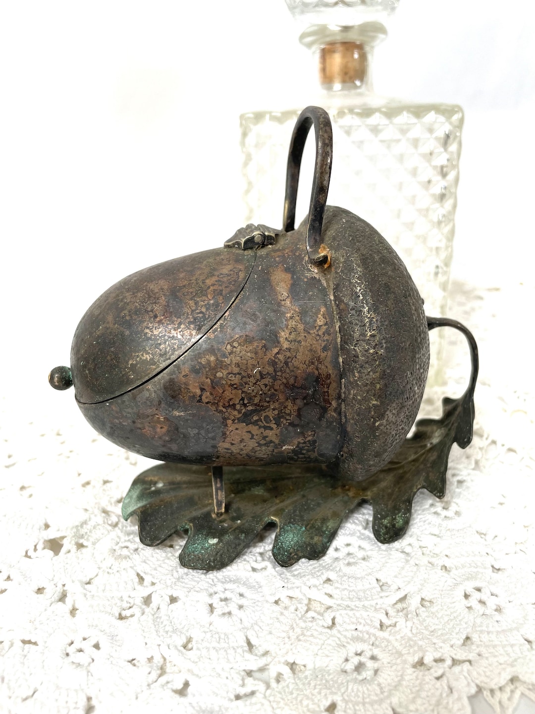 Metal Acorn Box With Lid Rare Antique Vintage Tarnished Silver Plated ...