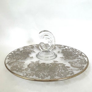 Plate Glass Serving Platter Dish With Center Handle Silver Rose Shabby ...