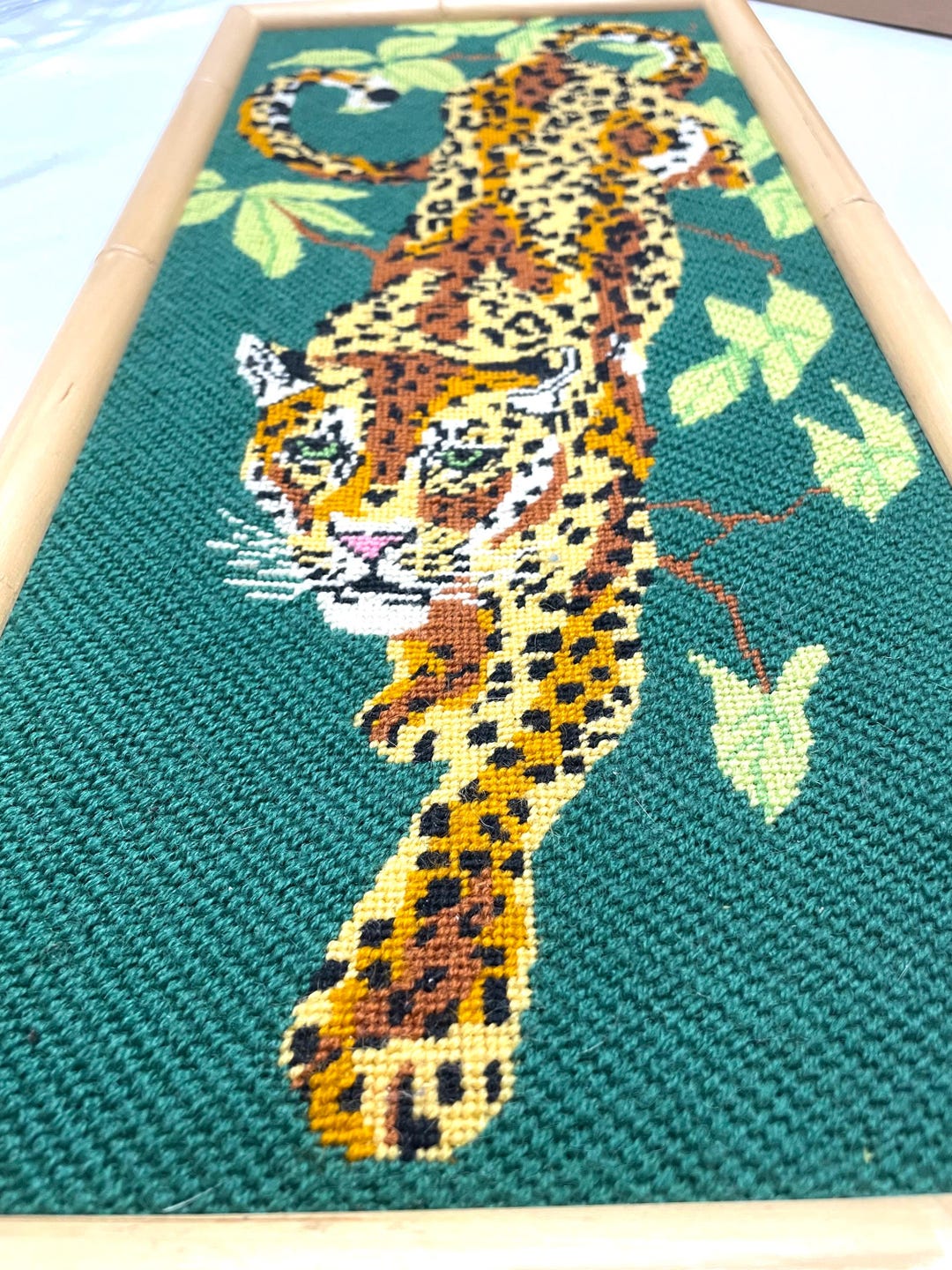 Vintage Needlepoint Crewel Jaguar Tiger Leopard Picture Wall Hanging ...