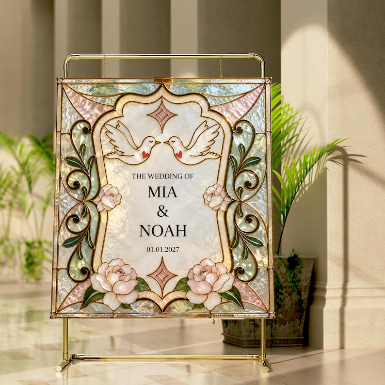 Editable Wedding Welcome Sign Template, Stained Glass Doves and Roses ...