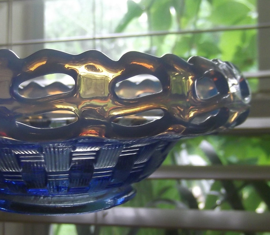 Fenton Blue Basket Weave Pattern Opalescent 2 Row Open Edge Rimmed ...