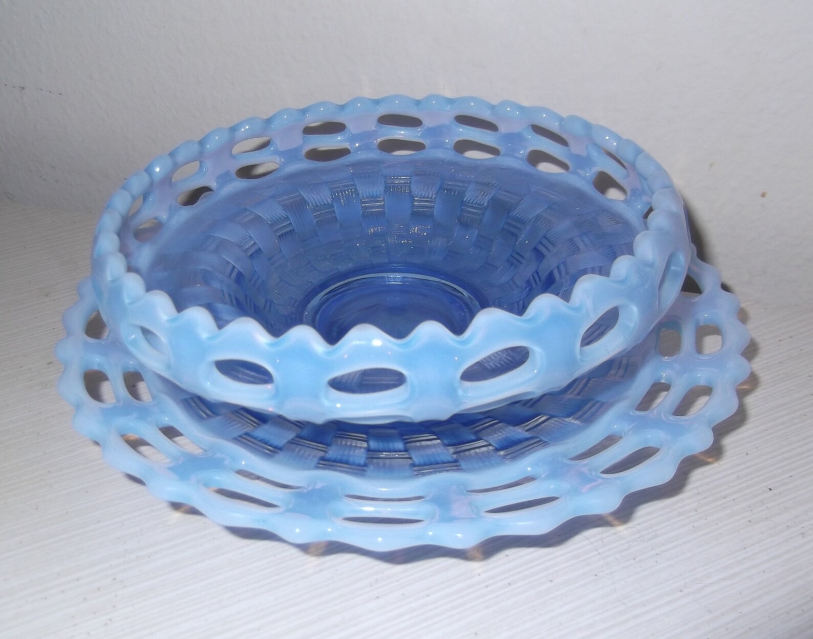 Fenton Blue Basket Weave Pattern Opalescent 2 Row Open Edge Rimmed ...