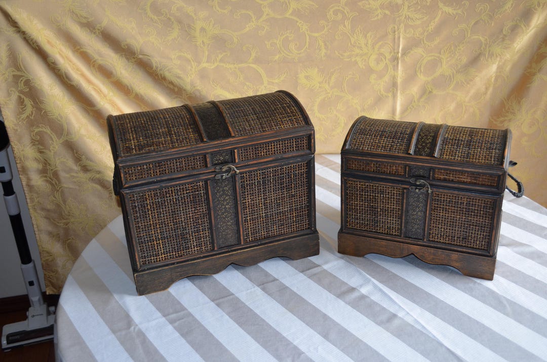 Vintage Wood Woven Wick Rattan Decorative Two Storage Boxes - Etsy
