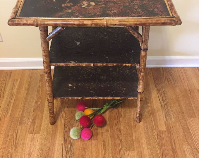 ENGLISH VICTORIAN TABLE, Circa 1880, Decoupage and Leather, Bamboo Side ...
