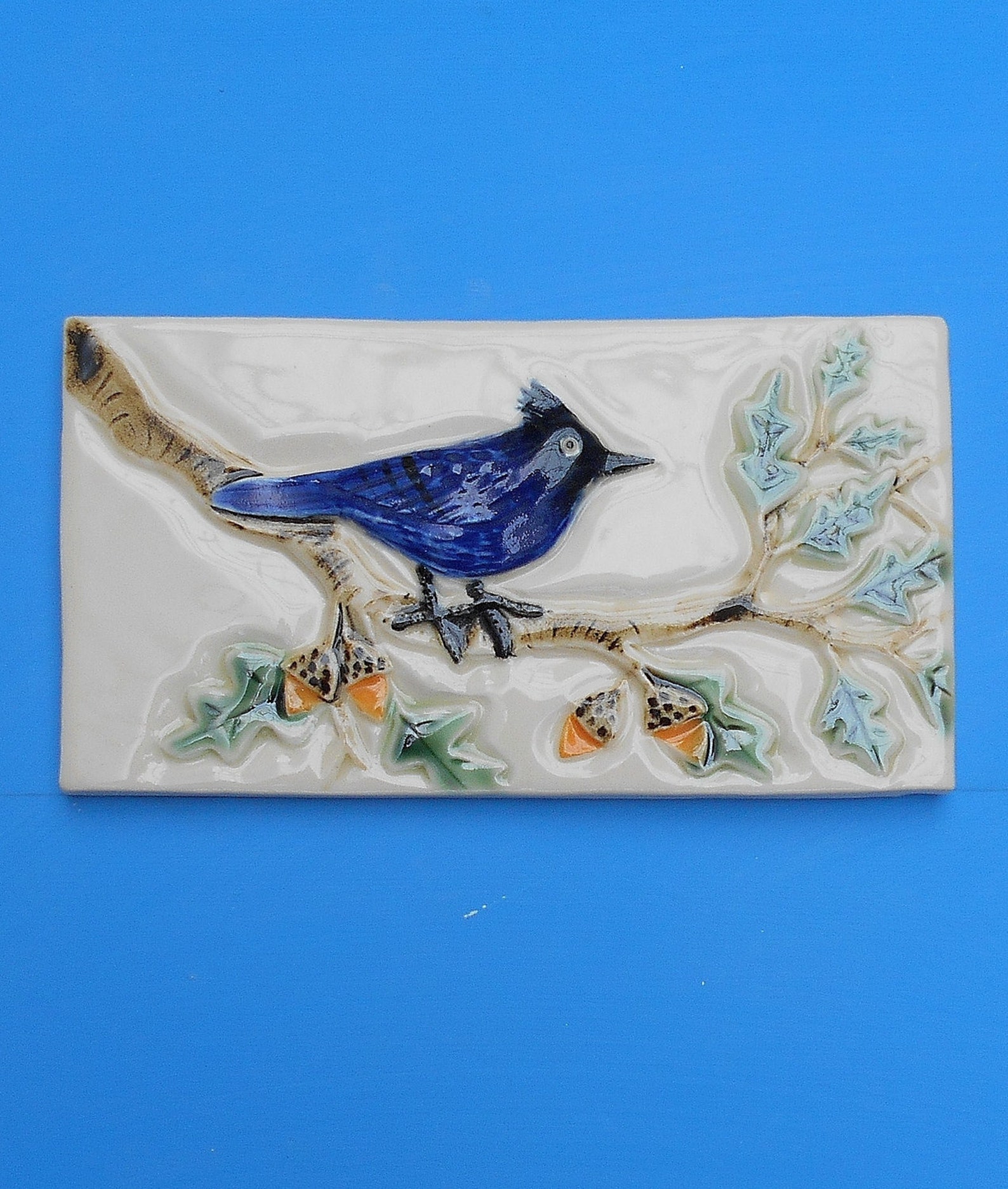 Blue Jay in Oak Tree Subway Tile Arts and Crafts Mission | Etsy