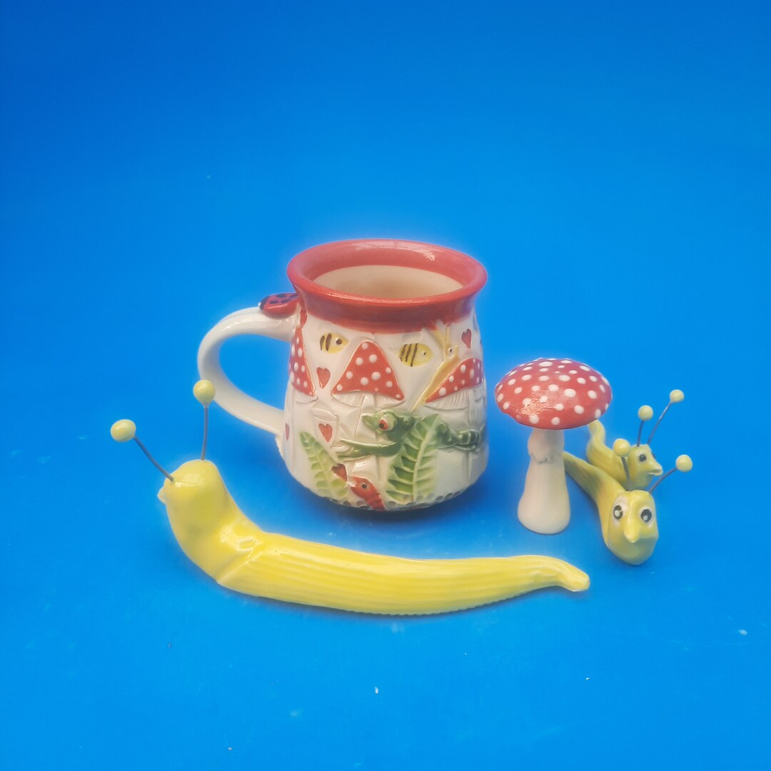 Mushroom Tea Party, Ladybug and Slug Mug, Hand Made Mugs, Espresso Mug ...