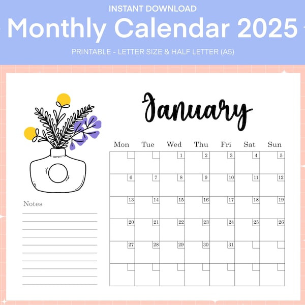 Printable 2025 Calendar Floral - Etsy