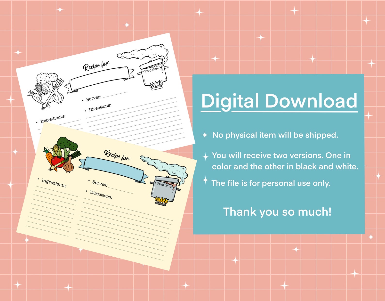 Recipe Card Printable Cooking Cardinsert Vintage - Etsy