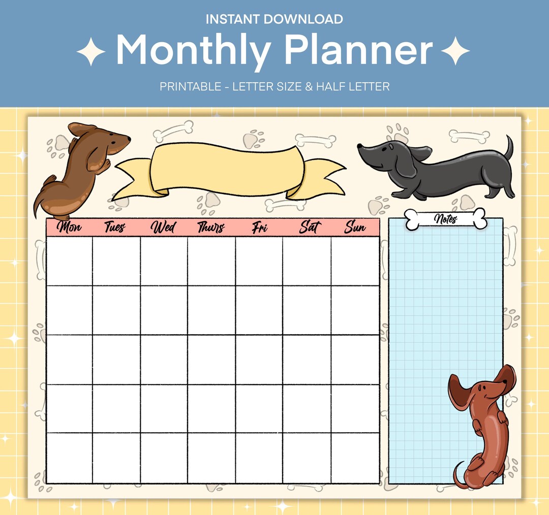 Dachshund Dog Monthly Planner: Printable Undated Calendar (digital ...