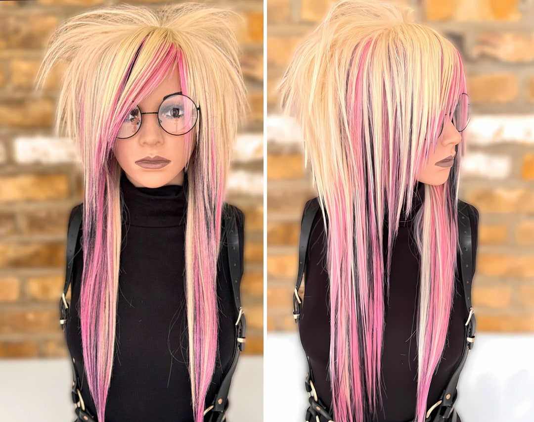 Blond Highlight Wig With Side Bangs, Long Shag Wig Black White, Beehive ...