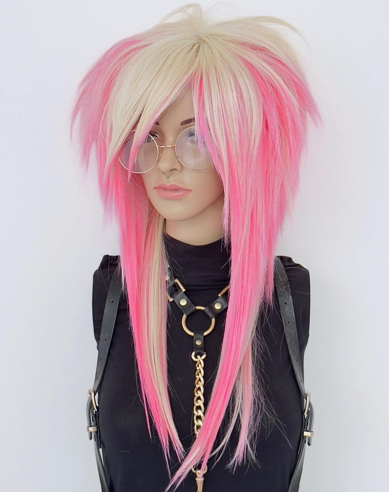 Emo Scene Wig in Blonde With Pink – Layered Cut Wig With Side Bangs for ...
