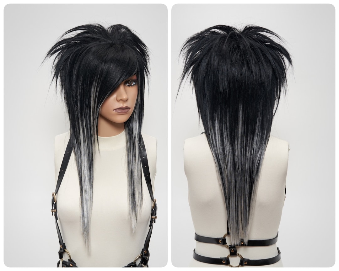Wigs Black White Spiky Mullet Emo Long Full Density With Bangs Styled ...