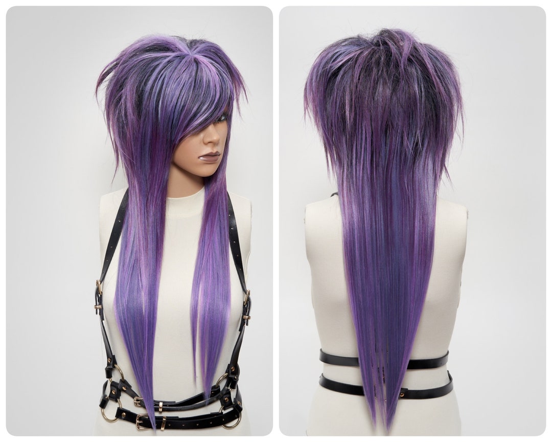 Wigs Purple Emo Wig Spiky Mullet Wigs Full Density Rooted Wig Edgy ...