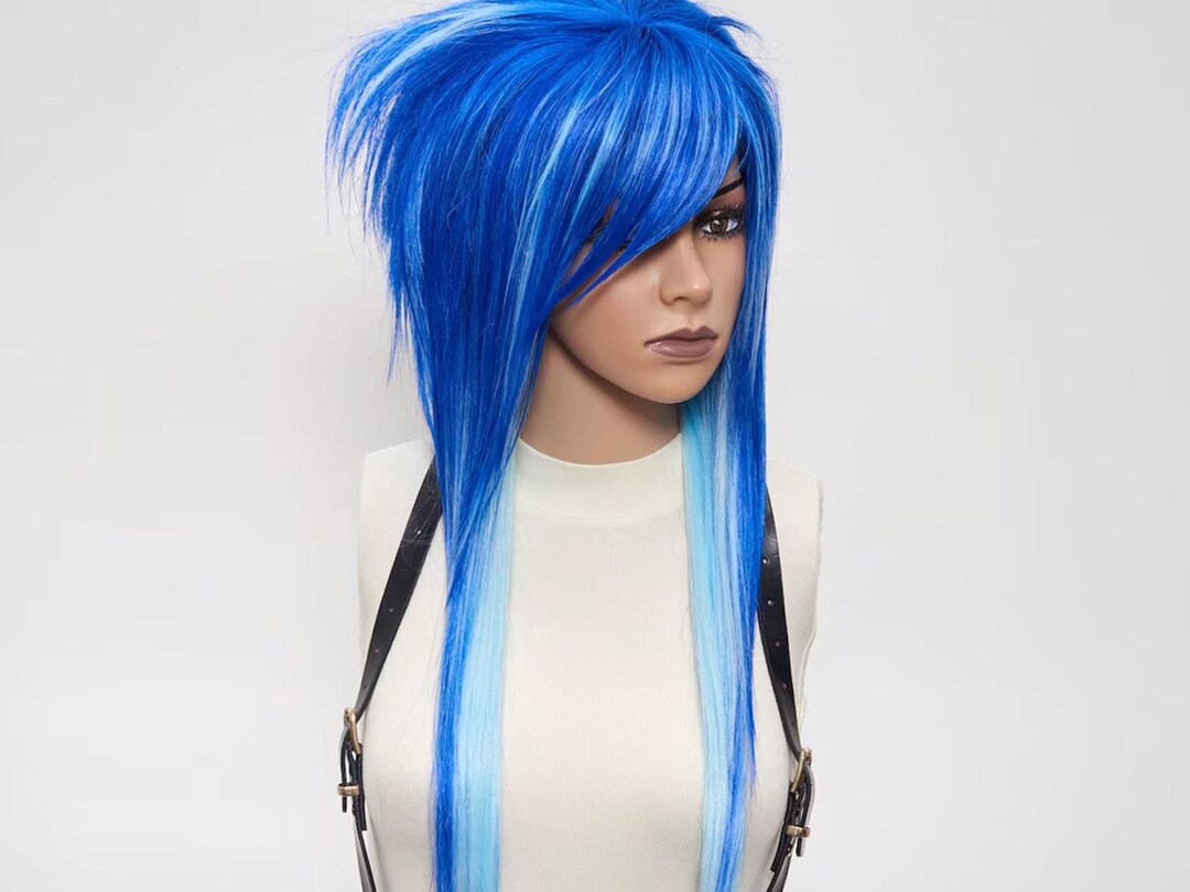 Scene Emo Wig Blue, Spiky Wig Side Bang, Shaggy Wig Layered ...