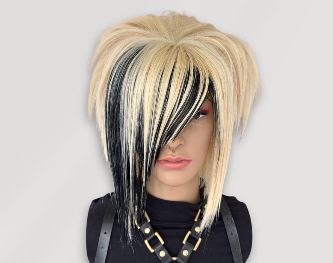 Scene Emo Wig Blond Black, Shoulder Length Bob Wig With Bangs, Mens ...