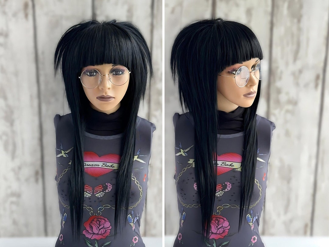 Mullet Wig Wolf Cut With Bangs Styled in Black, Straight Shag Long ...