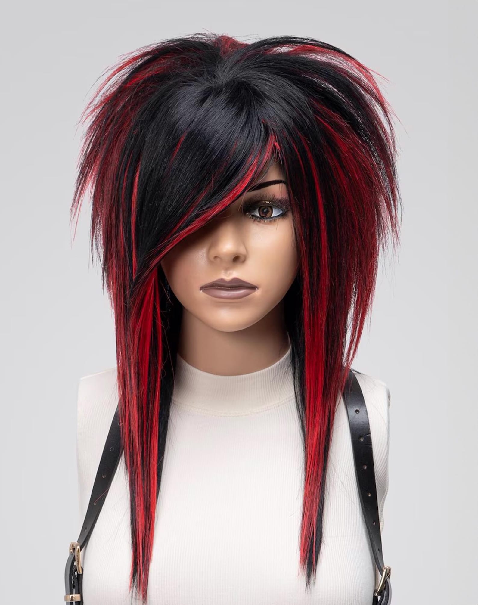 Emo Wig Scene Kid, Black Wig Red, Medium Length Wig Shag, Alternative ...