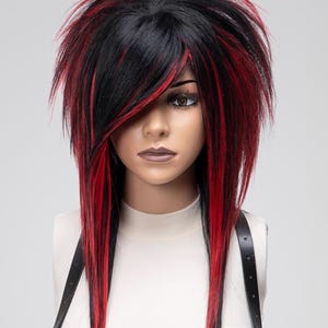 Emo Wig Scene Kid, Black Wig Red, Medium Length Wig Shag, Alternative ...