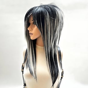 Scene Wig Styled Side Bangs, Black Emo Wig White, Shaggy Wig Layered ...