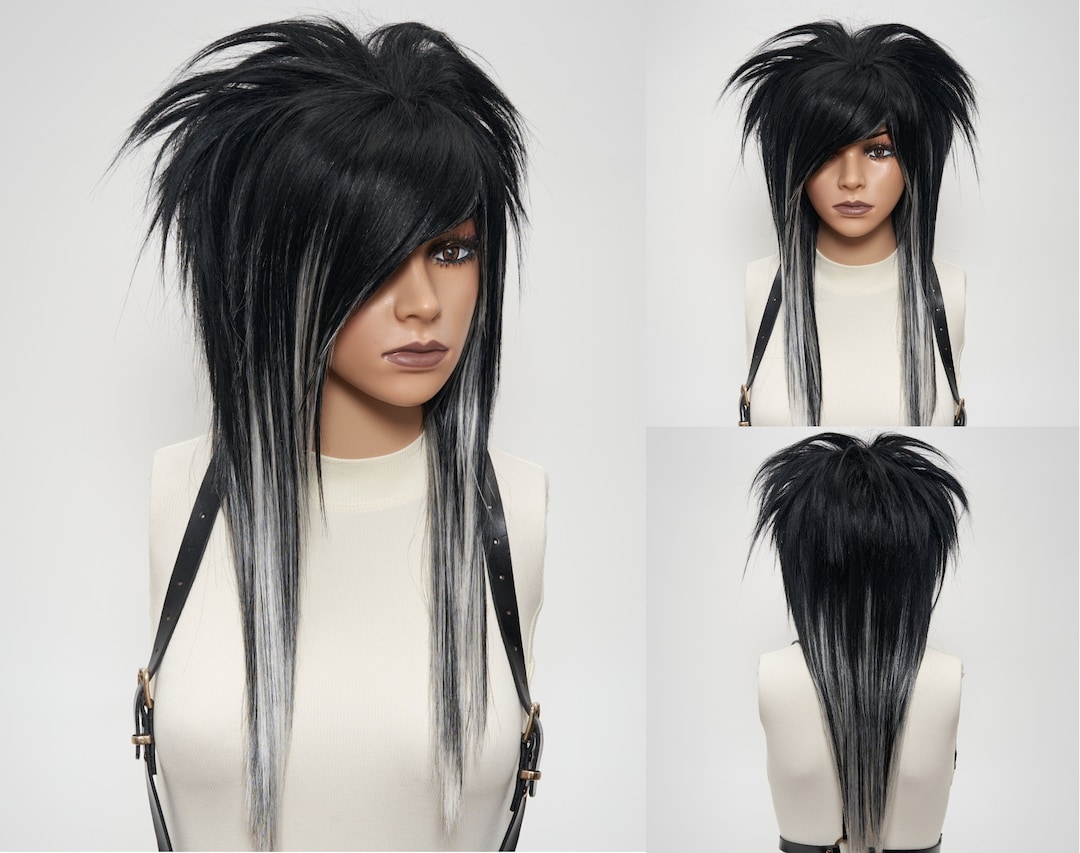 Scene EMO Wig Spiky Black White, Anime Cosplay Wig Shag Straight, Long ...