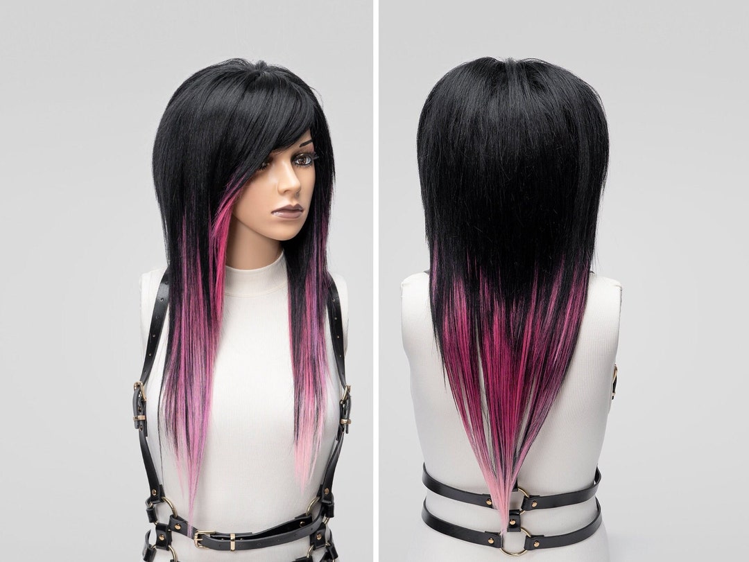 Emo Scene Cosplay Wig Commission, Pink Black Wig With Bangs Long ...