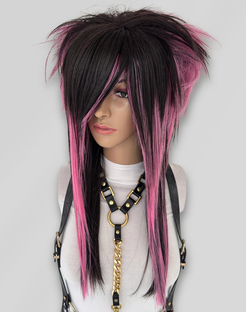 Brown and Pink Emo Wig – Long Layered Cut With Side Bangs, 360 Silk Top ...