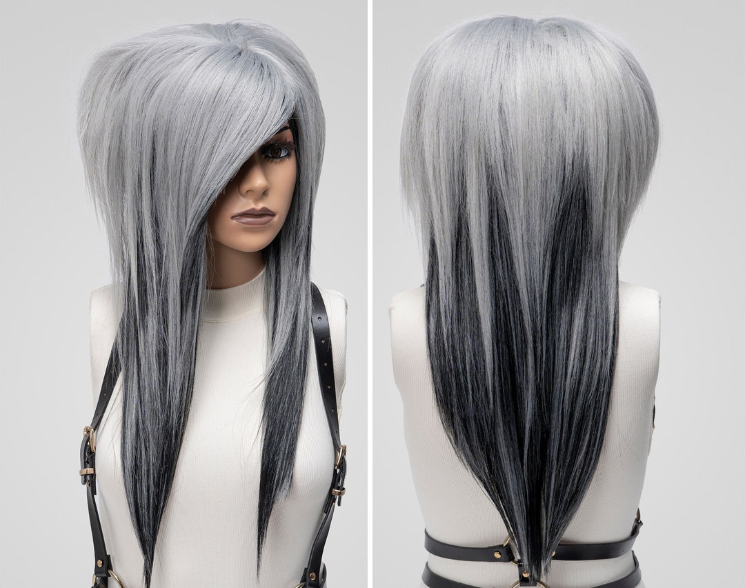 Scene Emo Wig Gray Black, 360 Beehive Wig Side Bang Fringe, Long Shag ...