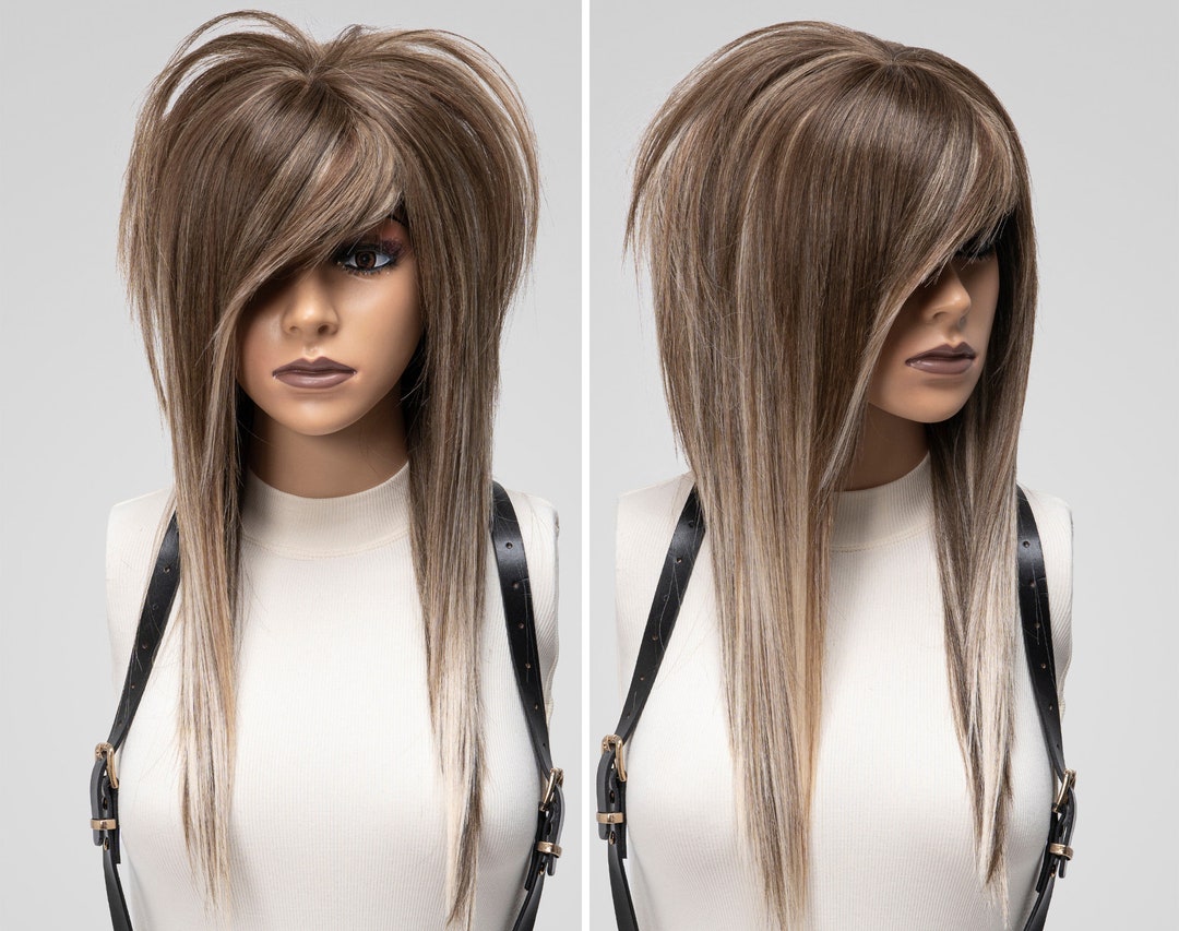 Brown Blond Wig Side Part Bangs, 360 Shag Wig Feathered, Highlight Wig ...
