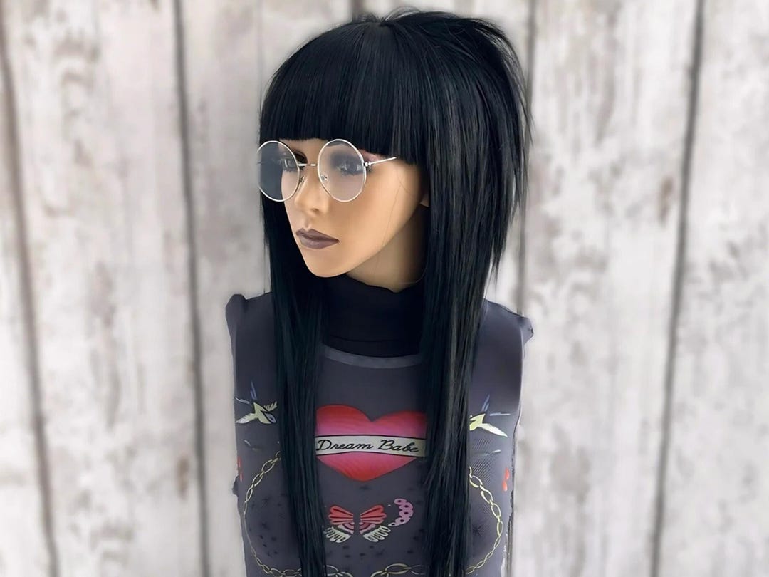 Scene Wig EMO, Jet Black Wig Fashion, Straight Bang Wig Chinese, Shag ...