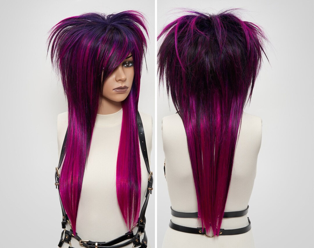 Pink Wig Purple, Bang Wig Side Part, 360 Wig Long, Shag Wig Styled ...